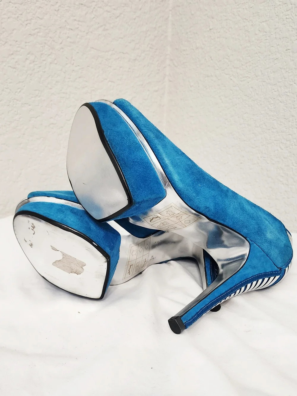 bebe | Shoes | Bebe Blue Suede Peeptoe Platform Heels With Silver Toe ...